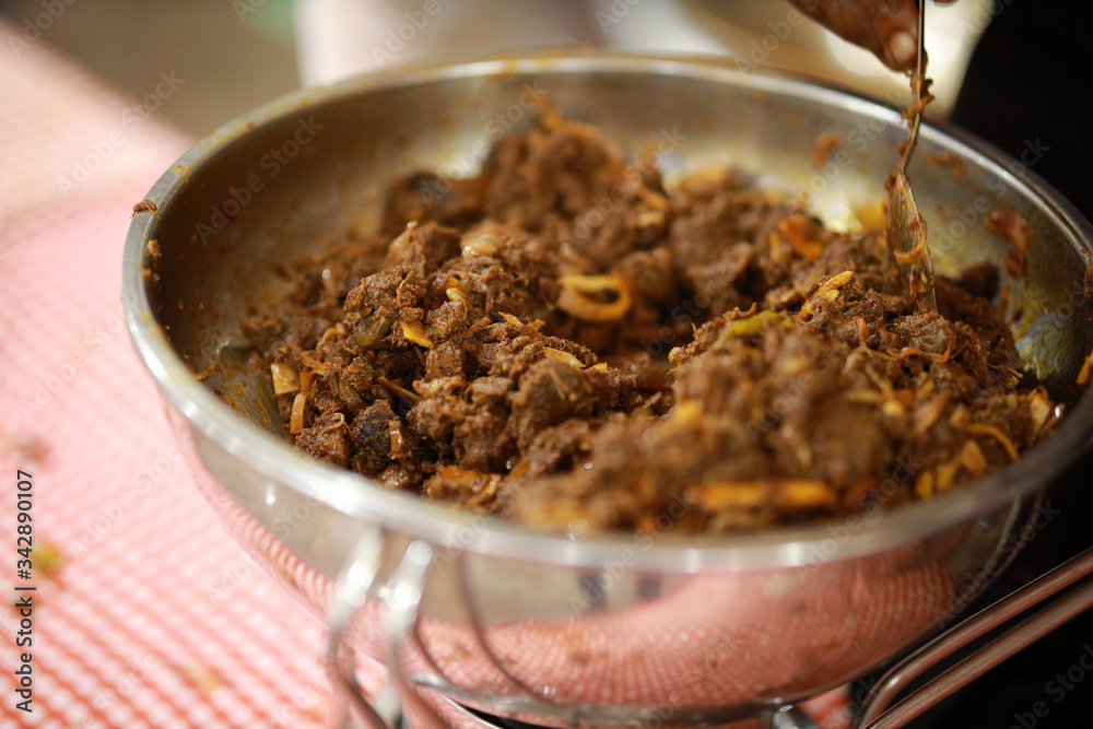 Kerala style beef dry fry. delicious spicy Beef fry in banquet table ...