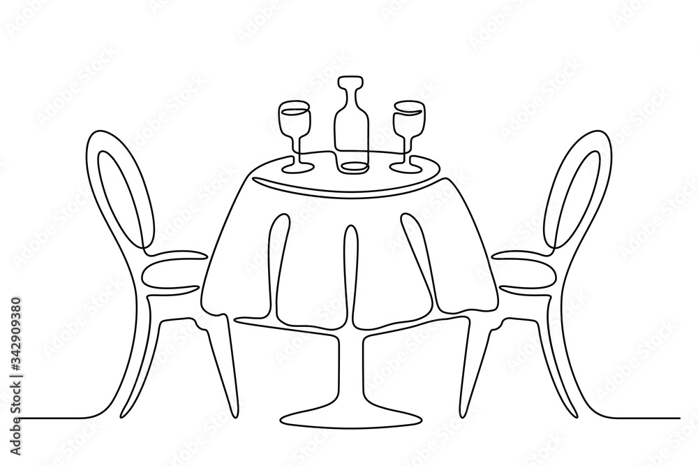 Continuous line drawing. Table with chairs. Bottle and two wine glasses ...