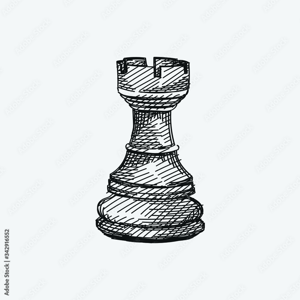 Hand-drawn sketch of Rook chess piece on a white background. Chess ...