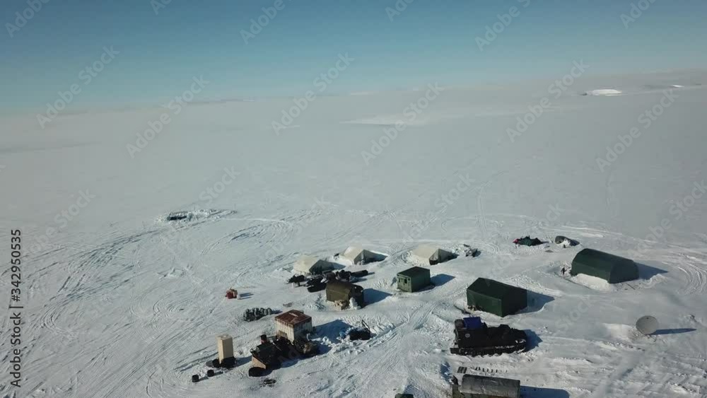 Field camp of geologists in the tundra of the Republic of Sakha. Frozen ...
