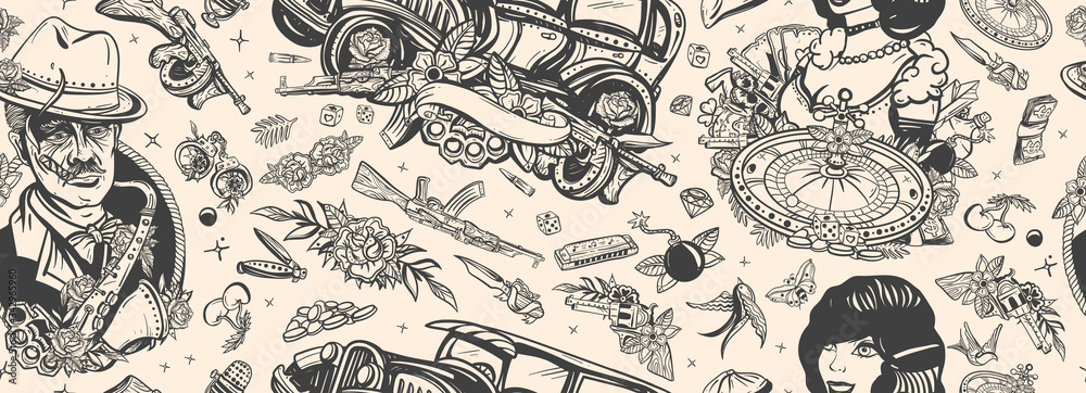 Criminal, old noir movie background. Gangsters. Retro crime seamless ...