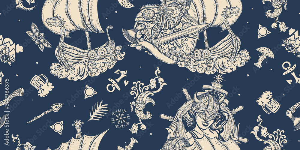 Vikings, vintage seamless pattern. Old school tattoo background ...