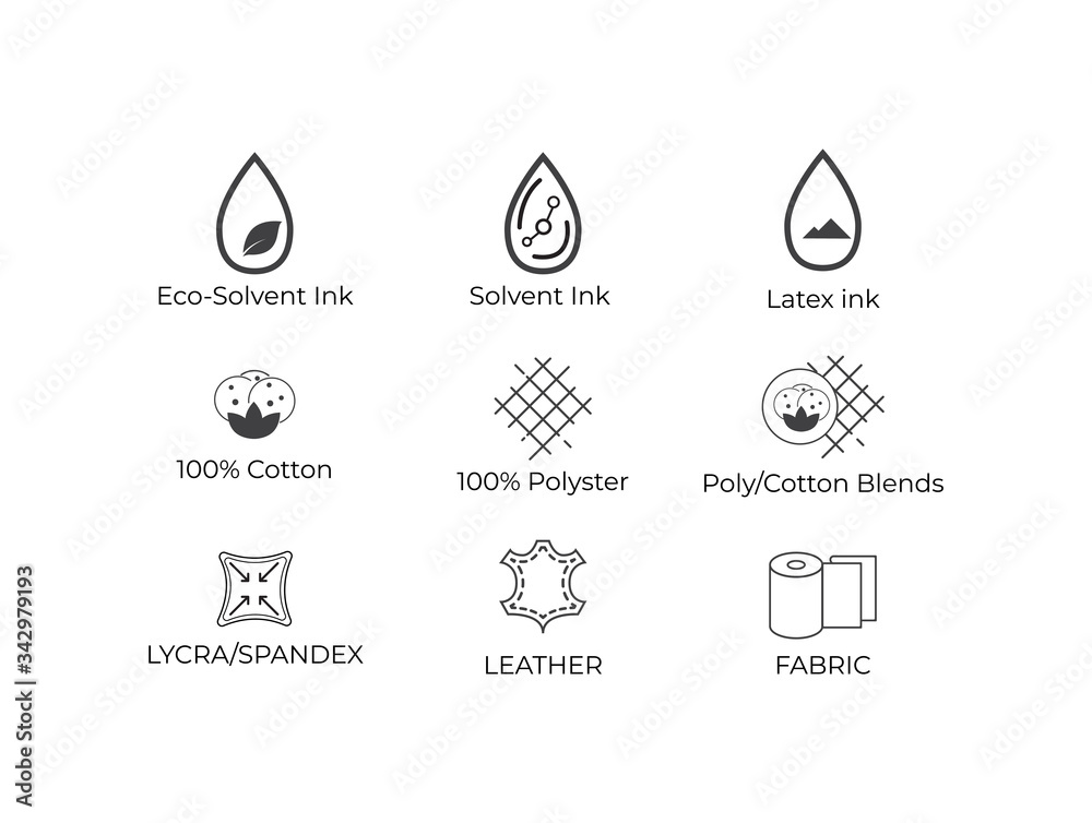 Textile Icon Set of Eco-Solvent Ink, Latex Inc, Cotton, Polyatomic ...