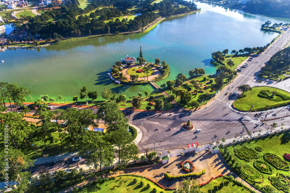 Top view aerial photo from flying drone of a Da Lat City with ...