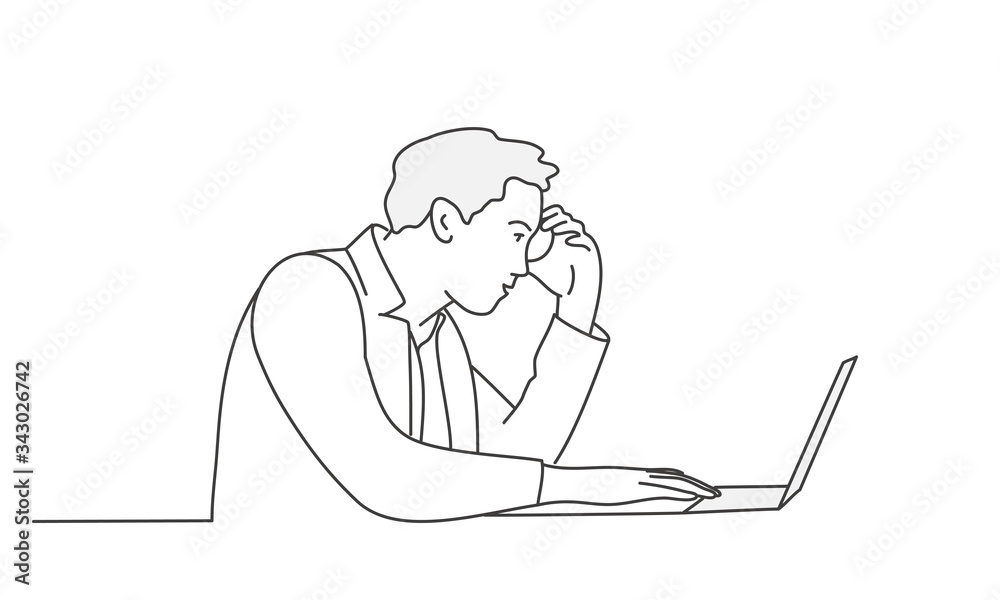 Man thinks and looks at a laptop. Contour drawing vector illustration ...
