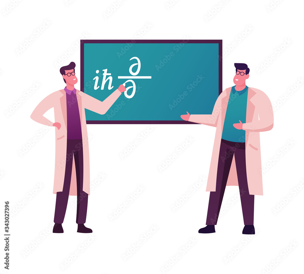 Male Scientists Characters Stand at Chalkboard Trying to Solve Formula ...