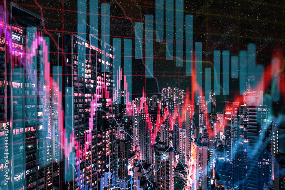 stock market chart and skyline at night - real estate business concept ...
