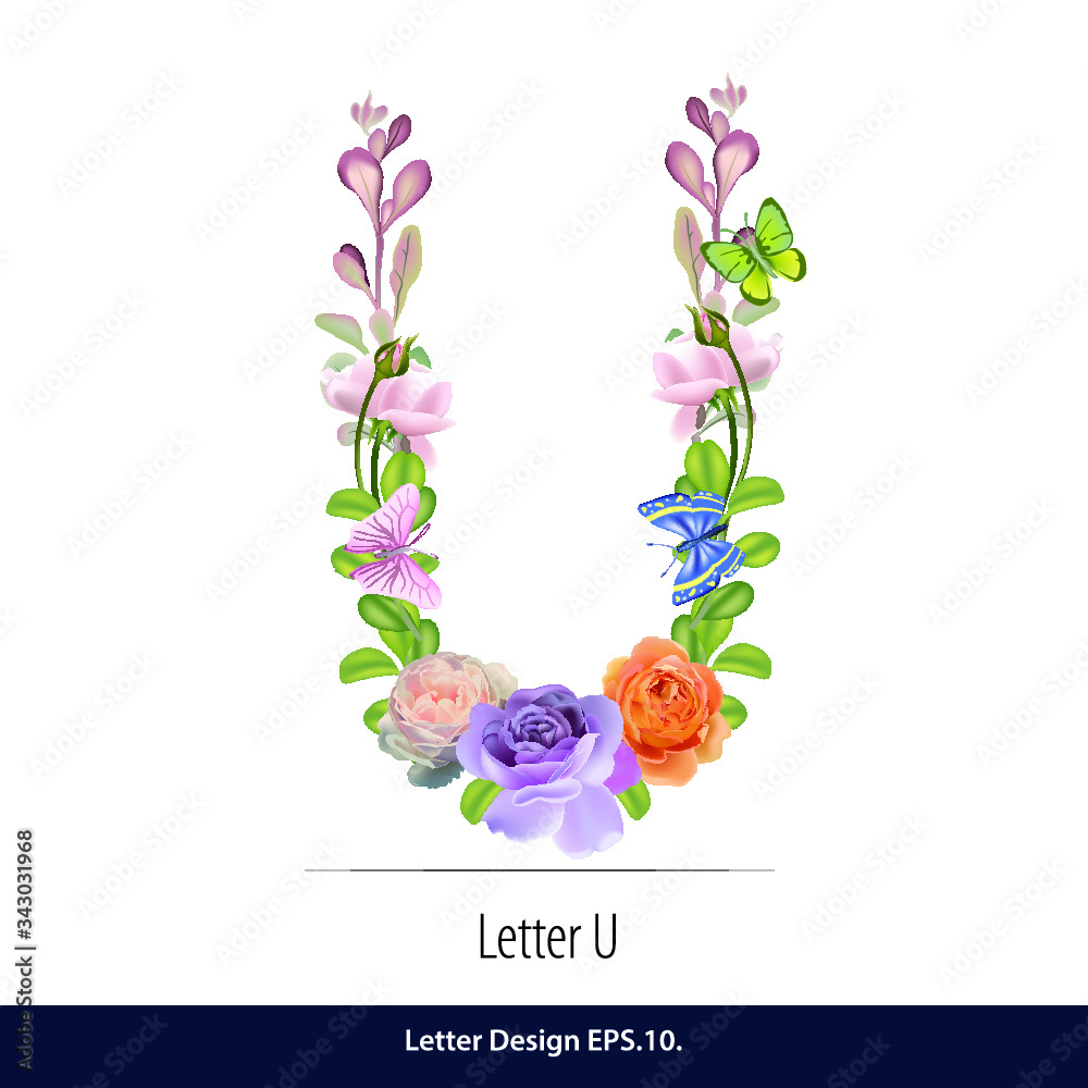 Vector of Floral Watercolor Alphabet. Letter U Made of Flowers ...