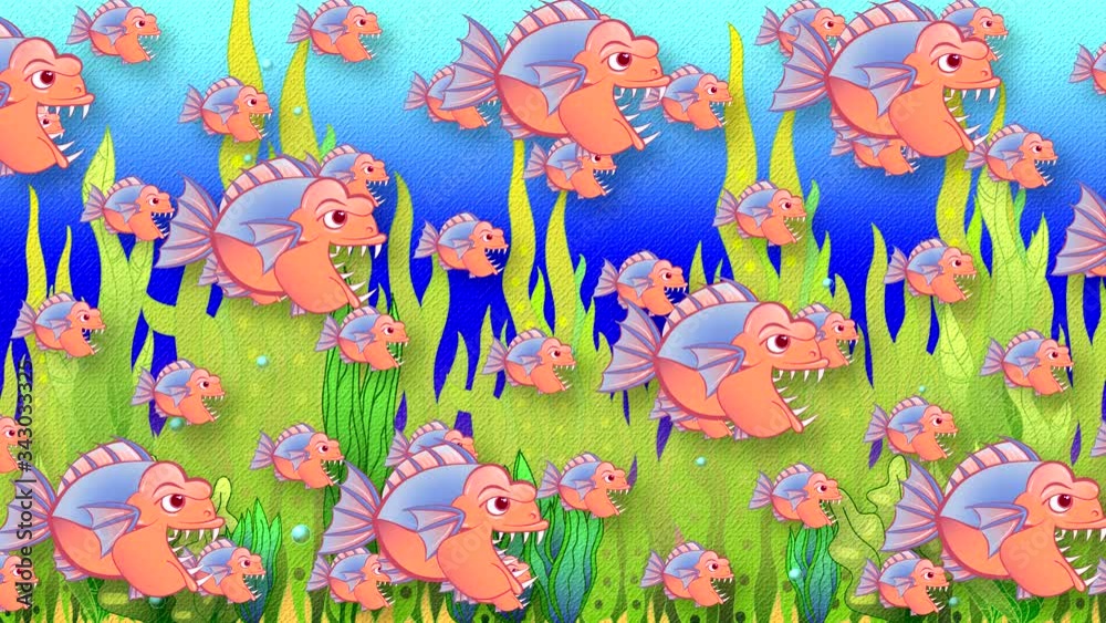 Abstract animated background with painted predatory fish in the water ...
