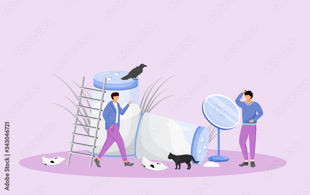 Misfortune signs and bad omens flat concept vector illustration. Young ...