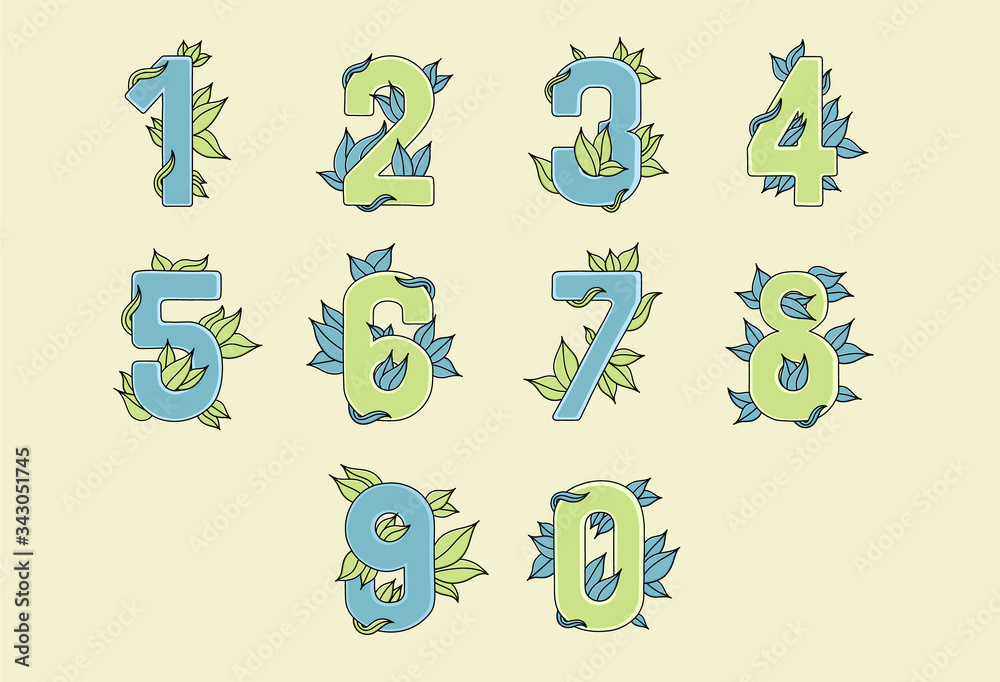 Illustrated numbers with leaves, colored initial numbers with ...
