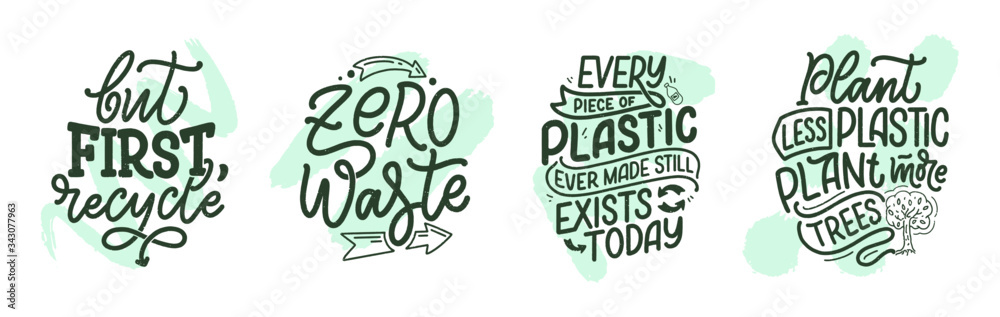 Set with lettering slogans about waste recycling. Nature concept based ...