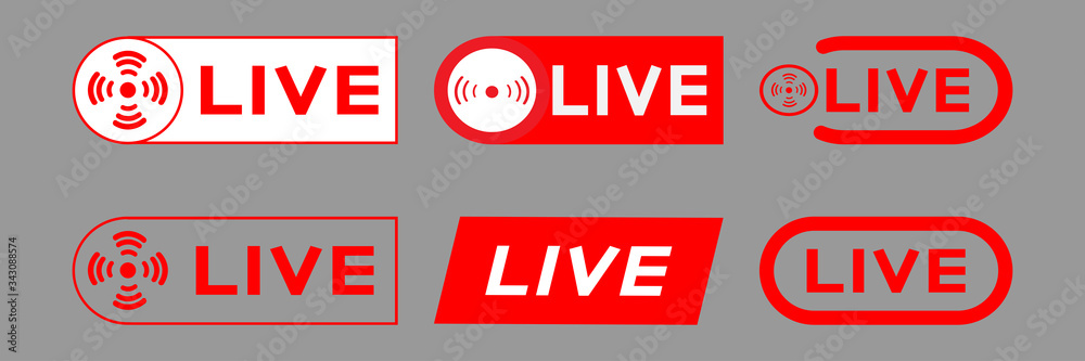Live broadcasting icons set. Red and white symbols and buttons for live ...