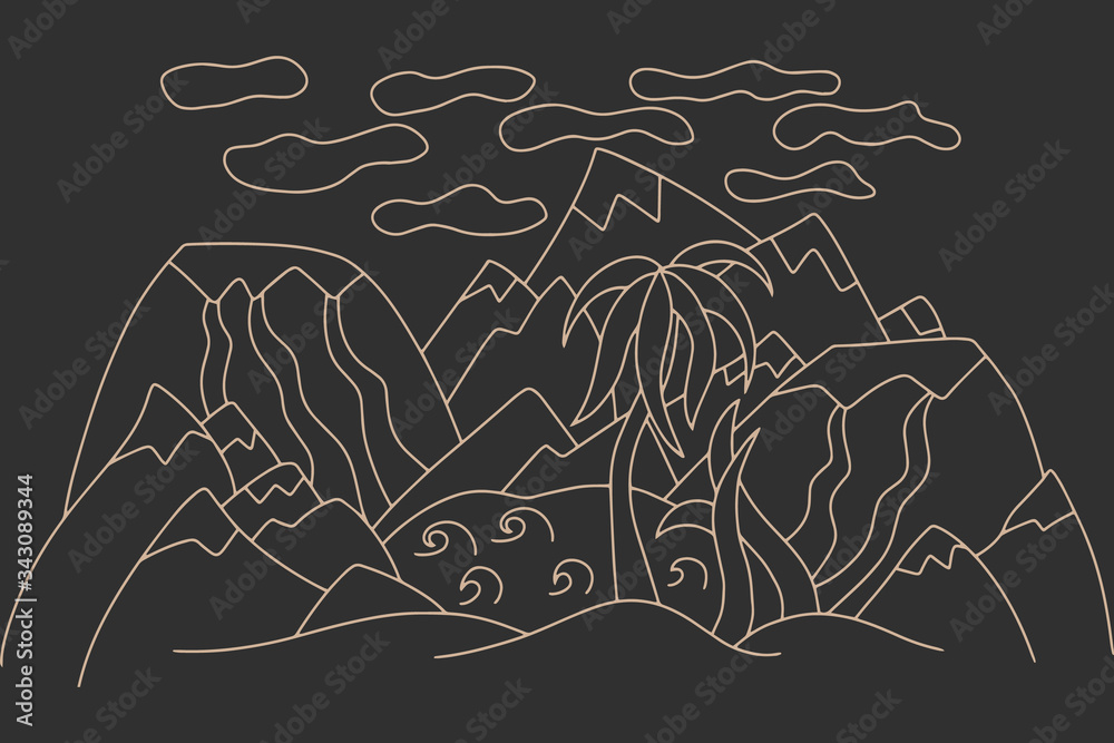 Vecteur Stock Doodle oasis with lake, volcano, sandy mountains and palm ...