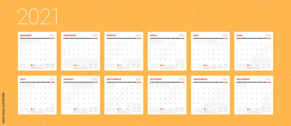 Calendar for 2021 year. Week starts on Monday. Set of 12 pages Stock ...