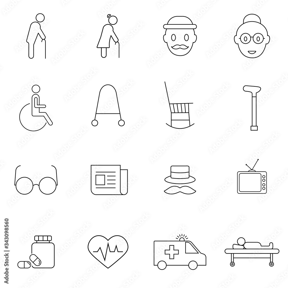 Old age icons set. Old man, thin line design. Grandparents, linear ...