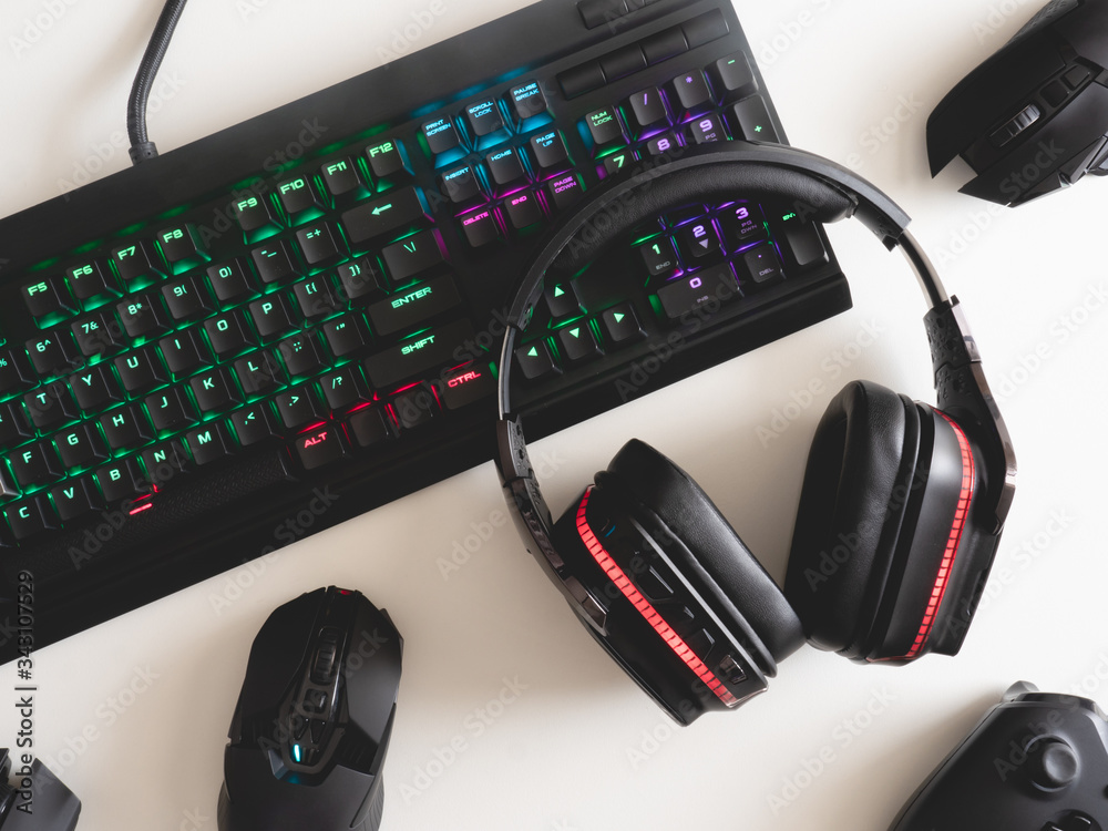 gamer work space concept, top view a gaming gear, mouse, keyboard ...