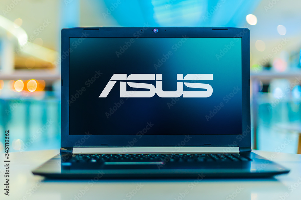 Laptop computer displaying logo of Asus Stock Photo | Adobe Stock