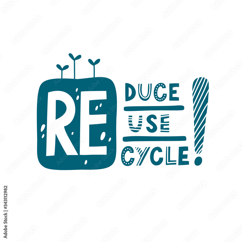 Reduce reuse recycle lettering in cartoon style on white Stock Vector ...