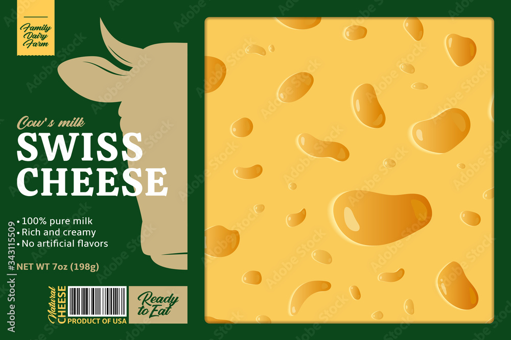 Vector swiss cheese packaging design template. Realistic swiss cheese ...