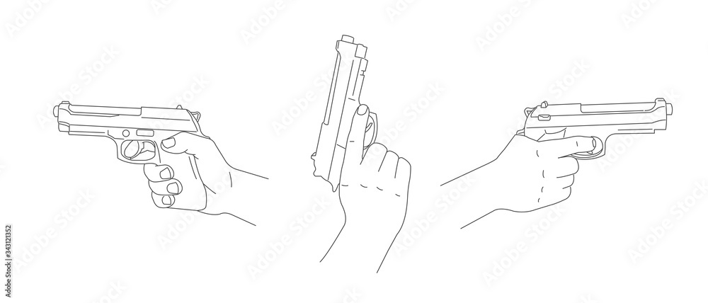 Set of three line illustrations of hand holding gun side view and ...