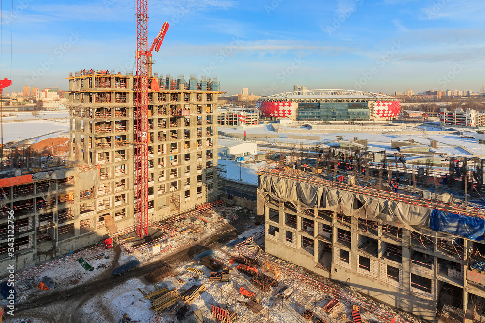 Construction site. Hoisting cranes. new multi-storey buildings ...