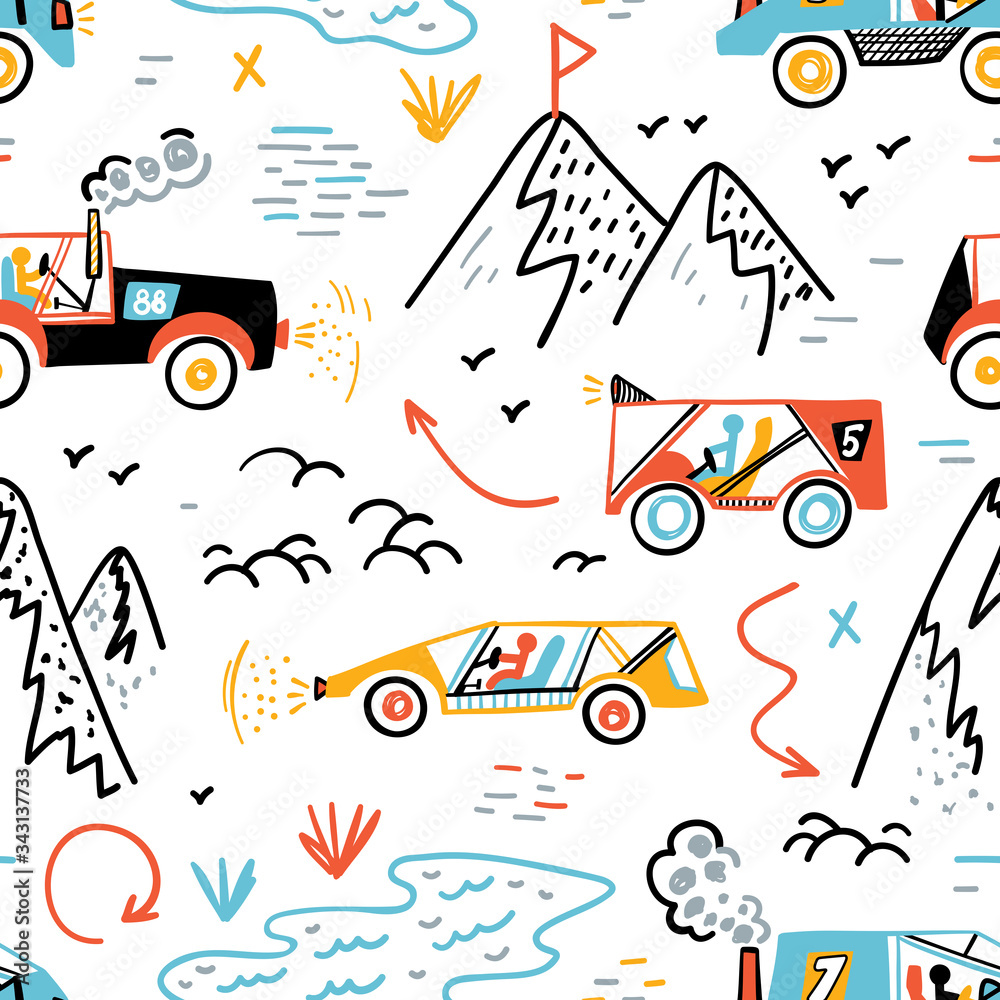 Mountain Rally. Toy Car Racing Vector Seamless Pattern. Doodle Buggy ...