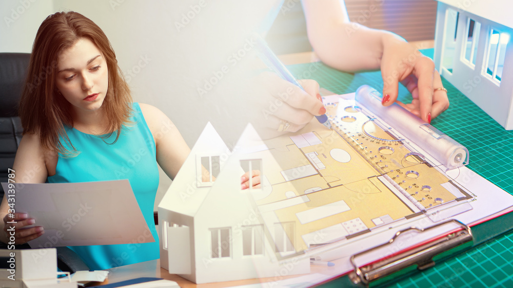 Young girl next to a breadboard model at home. Concept - work as an ...