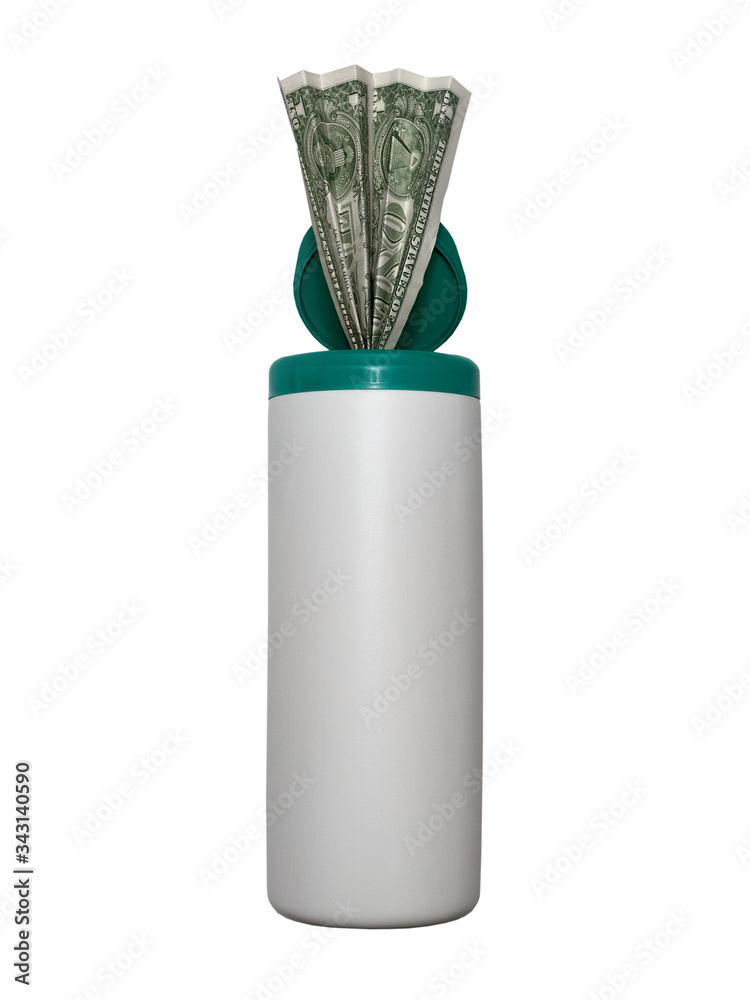 Cleaning up. Dollar bills sticking out of plastic disinfectant wipes ...