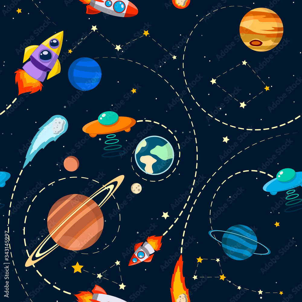 solar system vector kids cartoon planet seamless pattern. Rocket, UFO ...