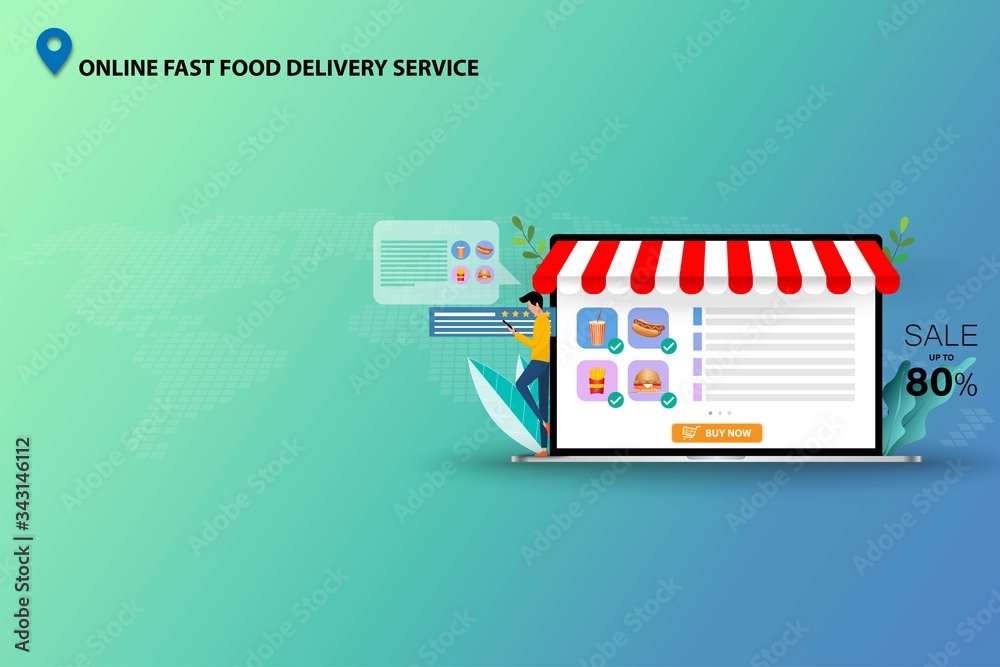 Concept of online fast food delivery service, young man standing near ...