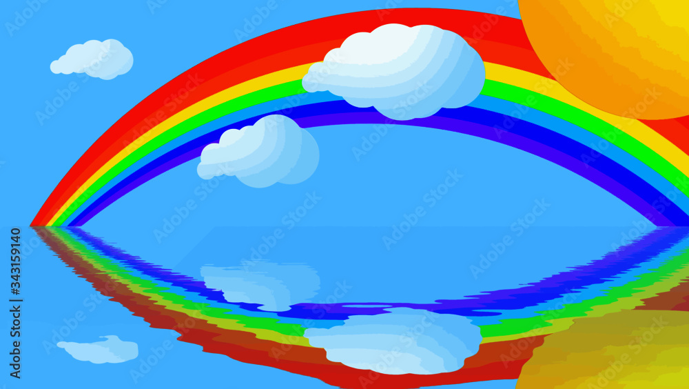 rainbow sky sun clouds reflection waves vector sketch illustration ...