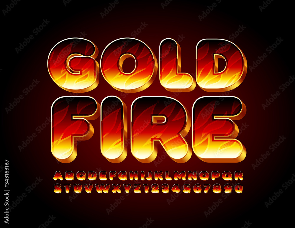 Vector Gold Fire Alphabet Letters and Number. Premium Flaming Font ...