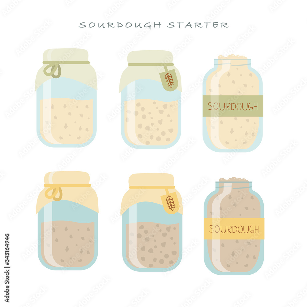 Icon set of sourdough starter for bread in mason jar for home baking ...