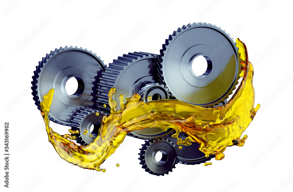 3D illustration of parts in car engine with lubricant oil on repairing ...