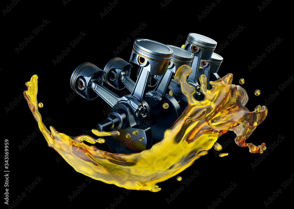 3D illustration of parts in car engine with lubricant oil on repairing ...