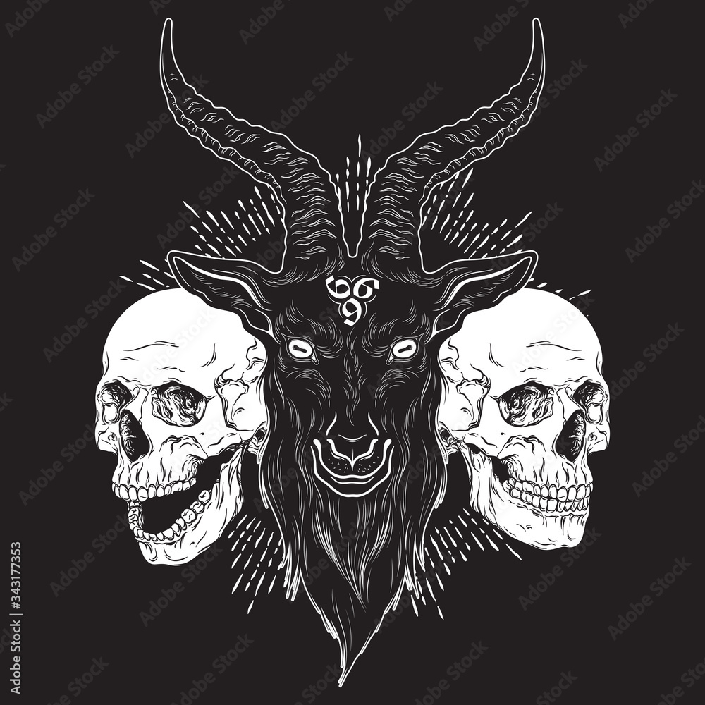 Baphomet demon goat head and human skulls hand drawn print or blackwork ...