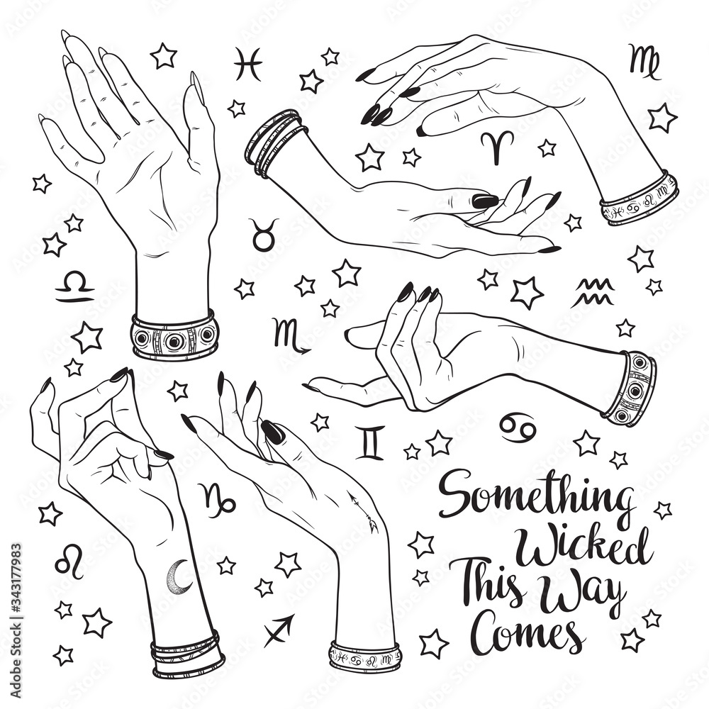 Hand drawn set of female witches hands in different poses. Flash tattoo ...