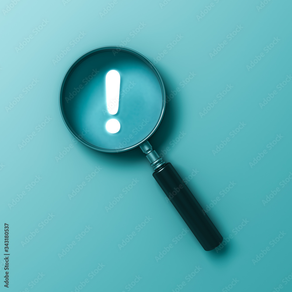 Magnifying glass with neon light exclamation mark isolated on light ...
