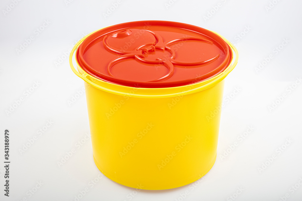 Sharps Waste Management 5 liter. Yellow biohazard medical contaminated ...