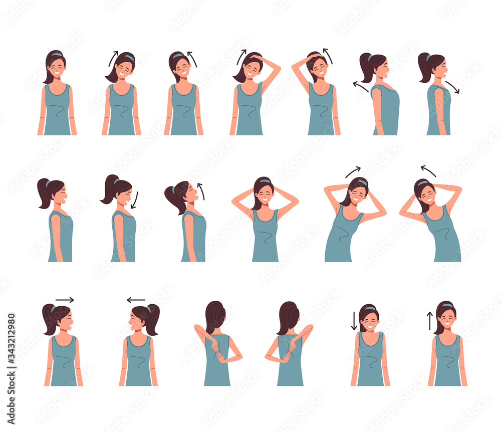 Neck shoulder spine exercise isolated set. Vector flat cartoon graphic ...