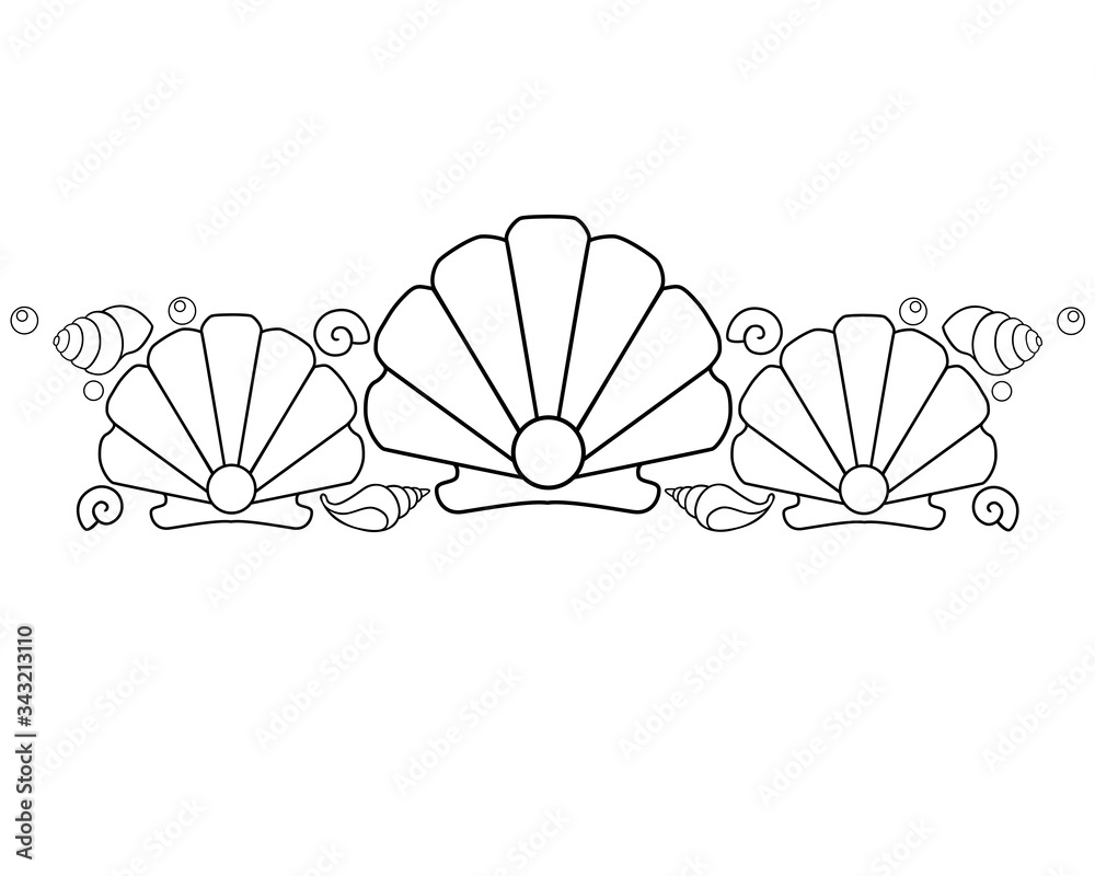 Three scallop shells with pearls and other small shells - vector linear ...