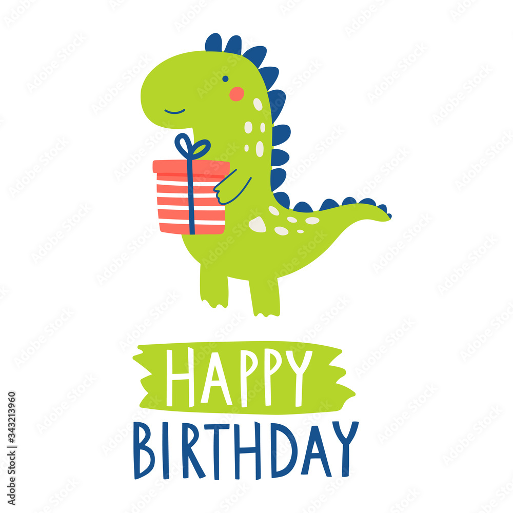 Vector illustration of happy birthday card. Cute kawaii green dinosaur ...
