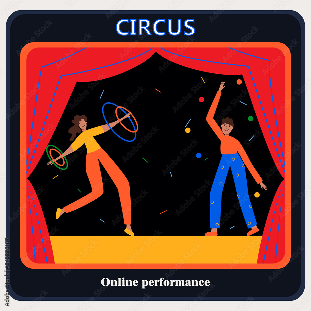 Circus. Online performance on a computer screen. Acrobat with a hula ...