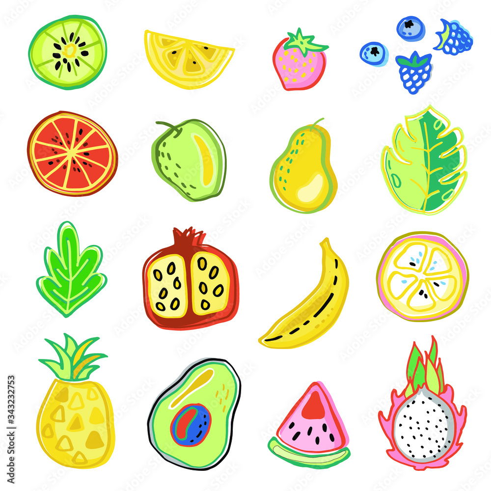 Tropical fruits and berry clipart set. Isolated on white background ...