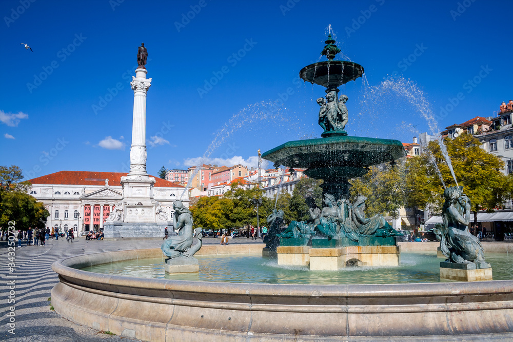 Fountain on the main square in Lisbon, Portugal, February 2018 Stock ...