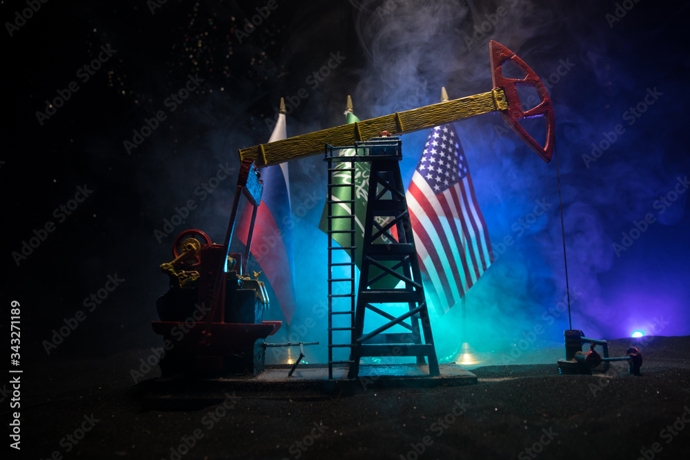 Business dialogue, oil agreement concept: National flags with Oil pump ...