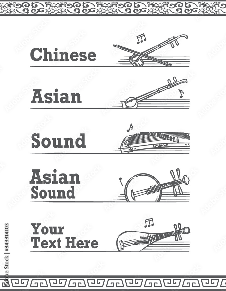 Music themed vector labels with chinese musical instruments. Stock ...