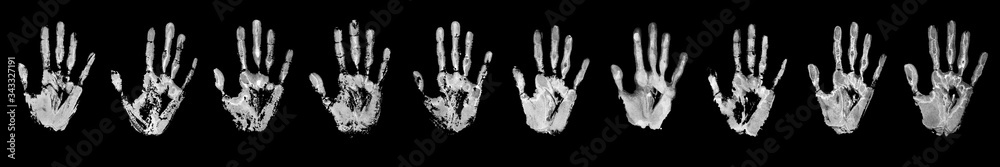 White print human hands set black background isolated close up ...