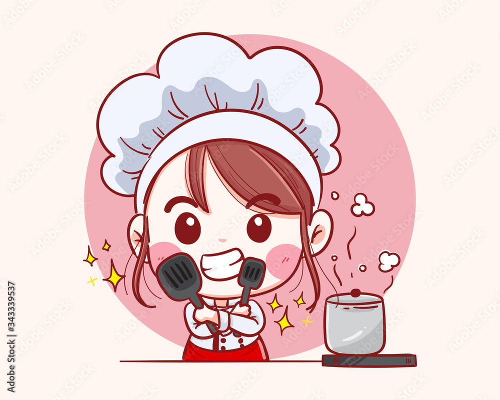 Smiling happy Female pastry chef. Woman chef is cooking. Hand drawn ...